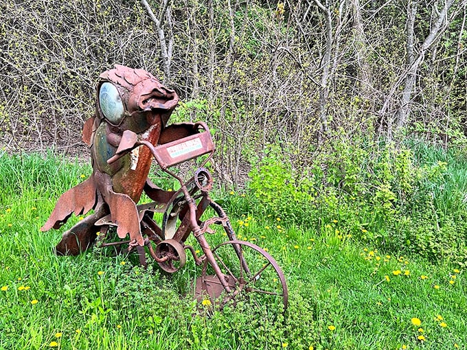 Now that's what I call an iron horse! This rusty rider looks like he's peddling straight out of a Tim Burton fever dream.