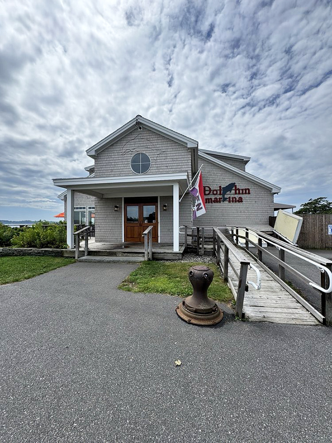 The Dolphin's exterior stands ready to welcome hungry visitors, its weathered charm promising authentic Maine hospitality and those famous blueberry muffins inside.