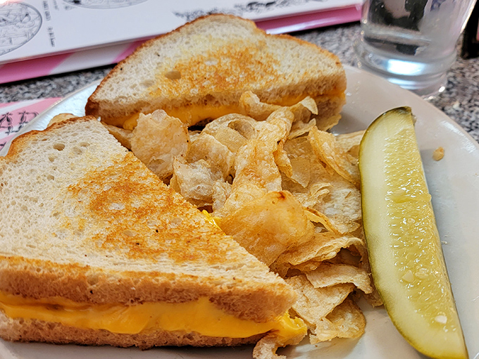 The perfect savory counterpoint &ndash; golden-grilled cheese with a pickle spear and chips provides the salt your palate craves after all that sweetness.