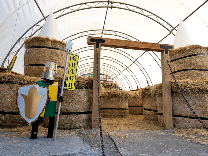 The hay bale castle stands guard at the entrance to the play area, where knights and princesses of all ages can pretend corn mazes don't exist.