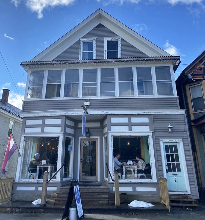 Winter sunshine bathes the cafe's exterior while lucky diners enjoy warmth inside. The Victorian-era building has found its perfect modern purpose.