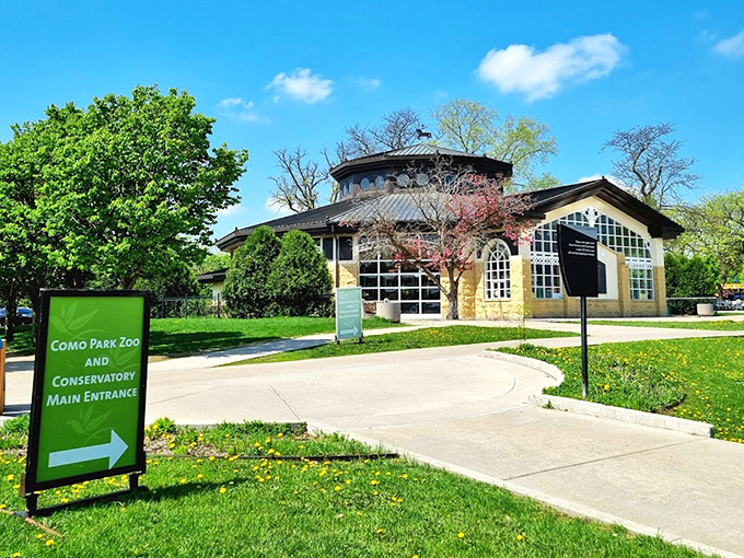 Como Park Zoo's welcoming entrance promises magical experiences for visitors of all ages, without the barrier of admission fees.