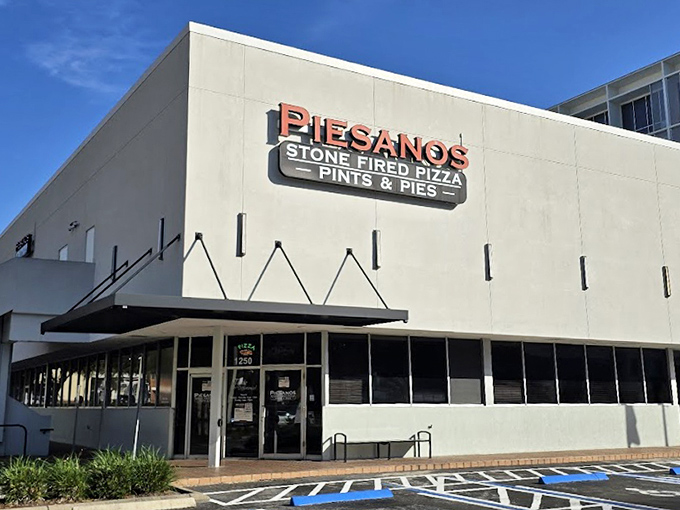 Daylight reveals Piesanos' clean lines and modern architecture&mdash;a temple of Italian cuisine disguised as a contemporary Florida restaurant.