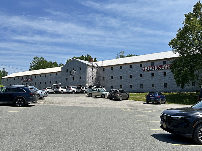 The impressive scale of this former chicken barn becomes apparent from the parking lot, promising hours of antiquing adventure within. 