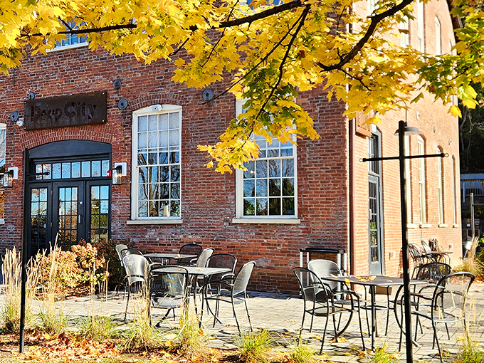 Autumn transforms the patio into a golden retreat &ndash; dappled sunlight through maple leaves creates nature's perfect filter.