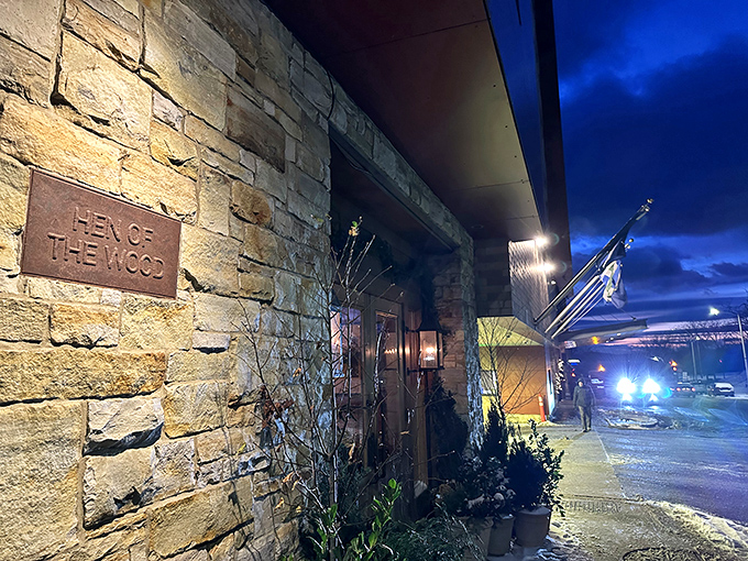 Stone exterior with the simple "Hen of the Wood" plaque &ndash; an understated announcement of the culinary excellence waiting inside this Burlington treasure.