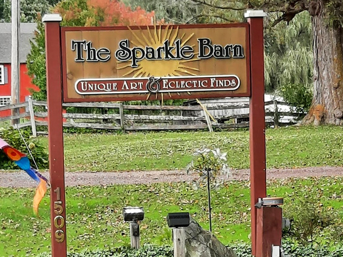 The Sparkle Barn sign promises "Unique Art & Eclectic Finds" &ndash; perhaps the understatement of the year in rural Vermont.
