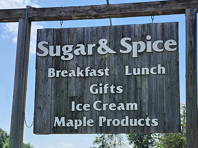 The iconic Sugar & Spice sign promises exactly what awaits inside &ndash; sweet maple goodness and the spice of Vermont hospitality.