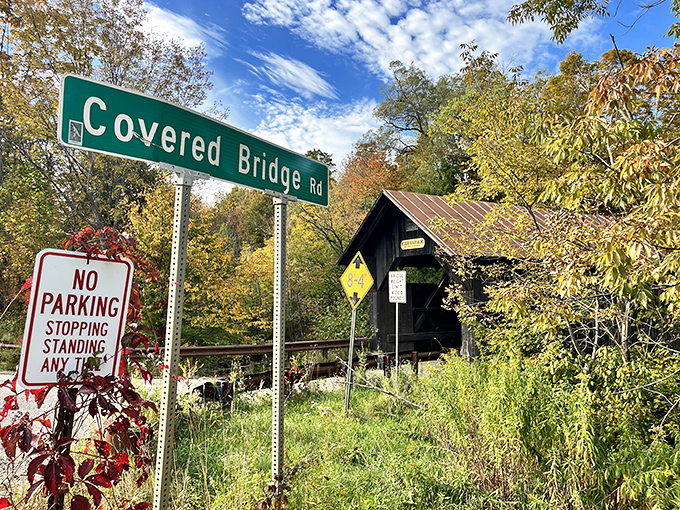 "Covered Bridge Rd" leads visitors to one of Vermont's most photographed &ndash; and allegedly haunted &ndash; historical landmarks.