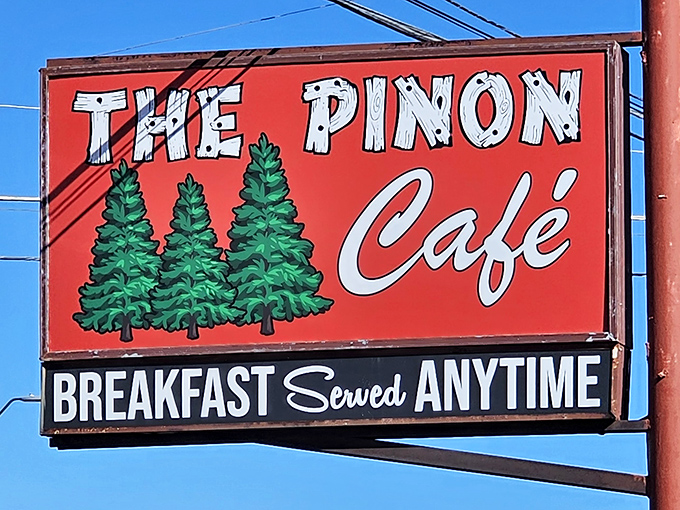 The Pinon Cafe's signature sign with three green trees stands as a beacon for breakfast lovers passing through Payson.