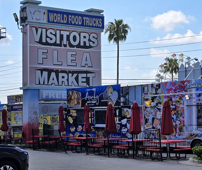 The market's iconic signage promises a world of food and treasures, standing tall like a beacon for bargain hunters and foodies alike.