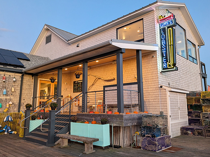 That iconic neon sign beckons seafood lovers like a lighthouse guiding hungry sailors safely to shore.