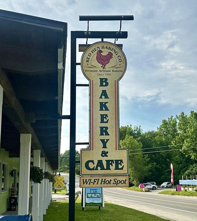 The iconic Red Hen sign stands as a beacon of hope for travelers seeking authentic, handcrafted baked goods.
