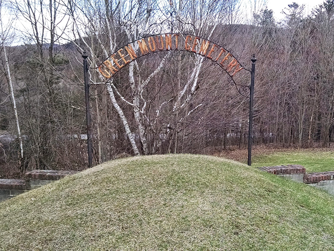 "Green Mountain View" &ndash; this simple archway marks one of the cemetery's scenic overlooks, where the dead enjoy Vermont's best real estate.