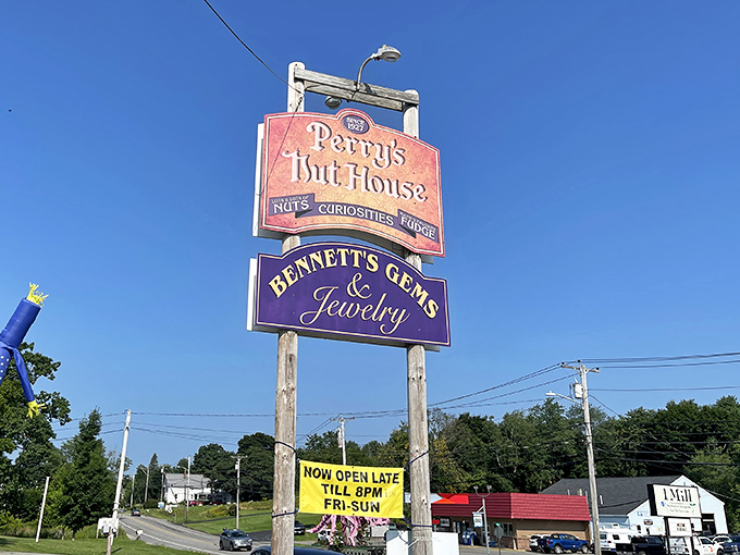 The iconic Perry's Nut House sign has guided sugar-seeking travelers along Route 1 for generations, a beacon of sweetness on Maine's coast.