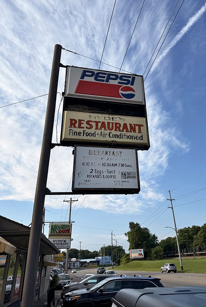 The iconic Hyde's sign against an Ohio sky &ndash; a beacon for hungry travelers and a landmark that locals use when giving directions.