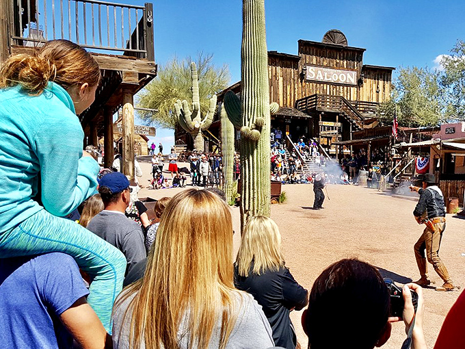 The saloon stands as the social heart of Goldfield, complete with rustic wooden exterior and gunfight reenactments that bring the Wild West to life.