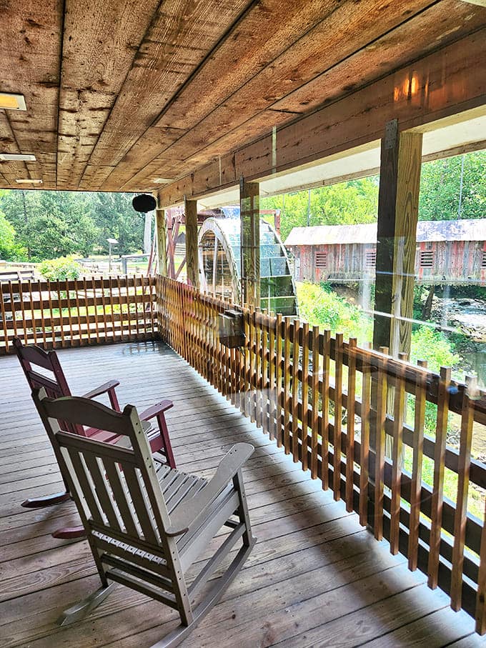 These rocking chairs practically beg you to sit a spell after breakfast, watching the water wheel turn while contemplating a second helping of pancakes.