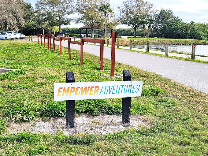 This unassuming entrance sign marks the boundary between ordinary life and extraordinary adventure &ndash; step across if you dare.