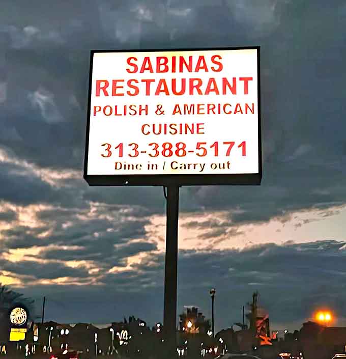 Against dramatic Michigan skies, Sabina's sign stands as a beacon for hungry souls seeking authentic Polish-American comfort food.