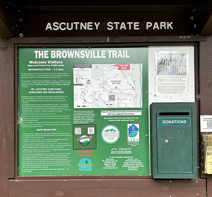 The gateway to adventure – this information board holds the keys to understanding Ascutney's trails, though the real education happens on the mountain.
