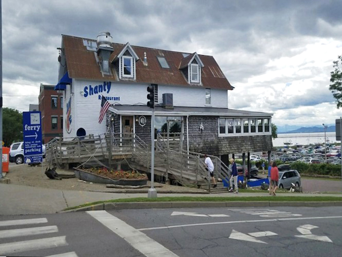 The Shanty on the Shore stands proudly on Burlington's waterfront, its white clapboard and blue trim promising maritime delights within.