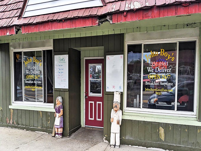 Exterior: The unassuming green facade of John Boy's might not turn heads, but those charming wooden cutouts hint at the homestyle treasures waiting inside.