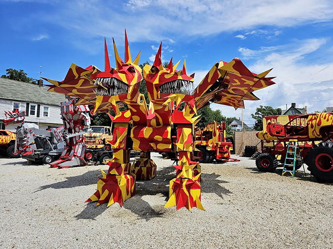 Godzilla's garage sale gone wild! These monstrous metal beasts in Cleveland look like they've been binge-watching "Transformers" and decided to one-up Optimus Prime. With more spikes than a punk rocker's jacket and grins that could eat highways, these trucks are the stuff of gear-head dreams and insurance agents' nightmares.