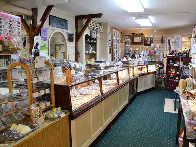 Inside, display cases overflow with handcrafted confections, each one calling your name louder than the last in this sugar-lover's paradise.