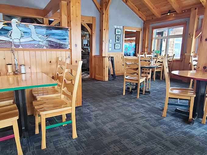 Inside, exposed beams and natural light create a space where you'll want to linger long after your plate is empty.