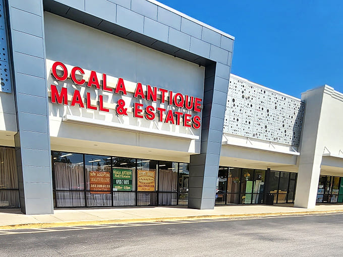 Morning light catches the distinctive red lettering of Ocala Antique Mall, a siren call to collectors and the curious alike.