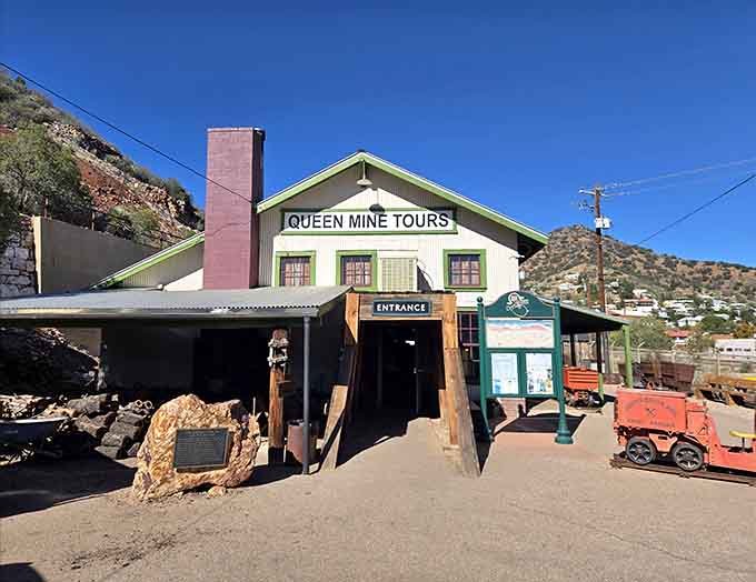 The Queen Mine Tour entrance beckons adventurers to go underground where former miners share stories that'll make your office job seem downright cushy by comparison.