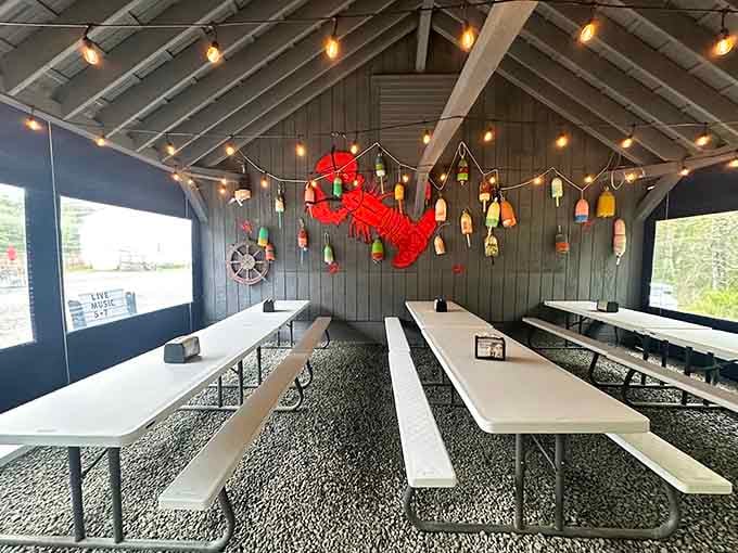 String lights and colorful buoys create a cozy nautical atmosphere where the only thing better than the ambiance is what's on your plate.