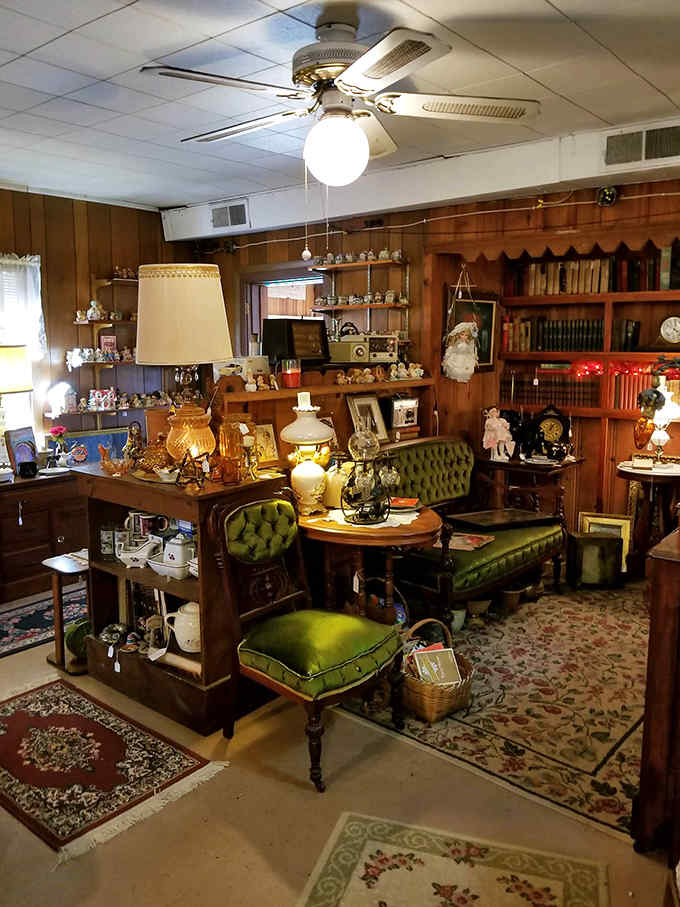 Wood-paneled walls and vintage furniture create the perfect backdrop for historical treasures, like stepping into your coolest relative's living room.