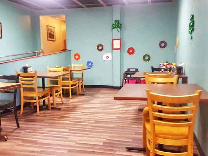 Mint-colored walls and wooden tables create a cozy atmosphere where calories don't count and joy comes served by the plateful.
