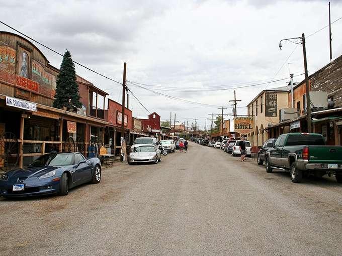 Downtown Oatman stretches before you like a Western movie set that time forgot, complete with rustic storefronts and mountain backdrop.
