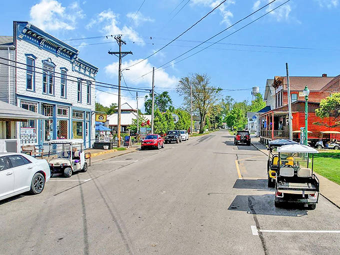 Downtown charm flows through Kelleys Island's main street, where golf carts replace rush hour and everyone's on island time.