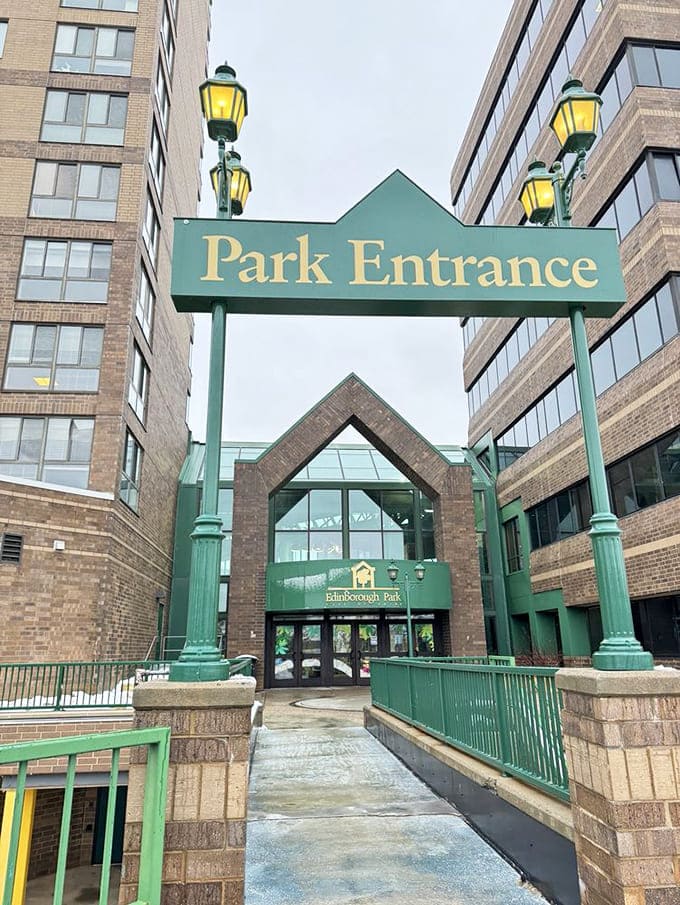 The entrance welcomes you with that distinctive green archway, promising indoor adventures regardless of what Minnesota weather is plotting outside.