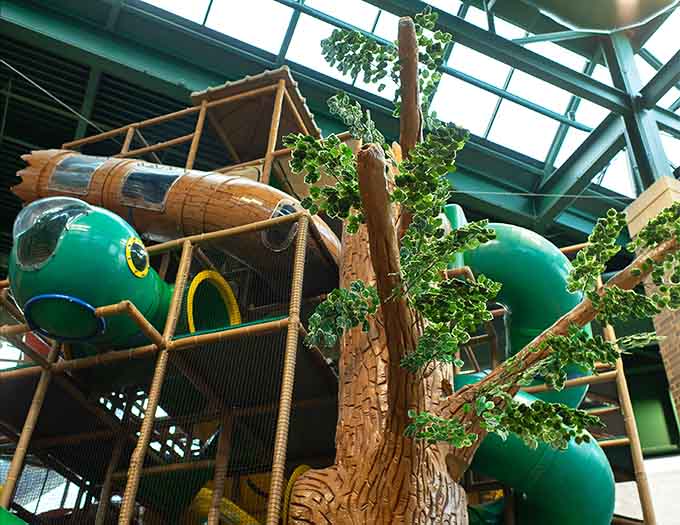 Looking down from above reveals the full scope of this indoor wonderland, where trees grow toward skylights in delightful confusion.