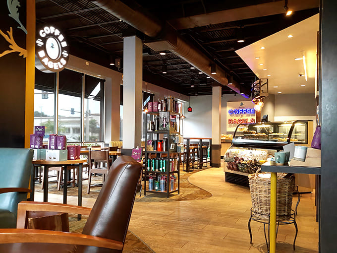 Warm wooden tones and industrial touches create the perfect backdrop for morning conversations and bagel contemplation.