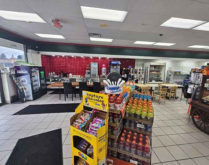 Inside, the bright, clean space feels more like a neighborhood taqueria than a convenience store, complete with proper seating and personality.