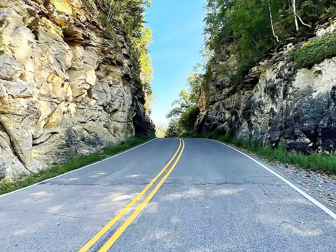 Driving through history: The smooth asphalt belies the backbreaking labor that created this passage over a century ago.