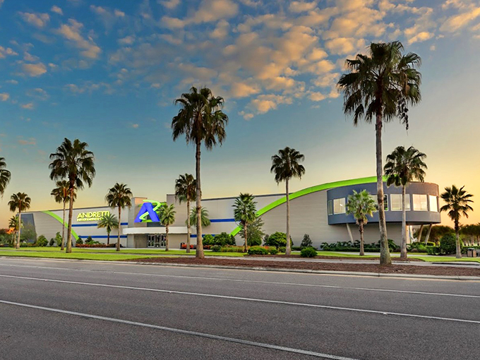 Welcome to the Taj Mahal of go-karting! This sleek structure houses more thrills than a roller coaster designer's fever dream, all wrapped in Florida sunshine.