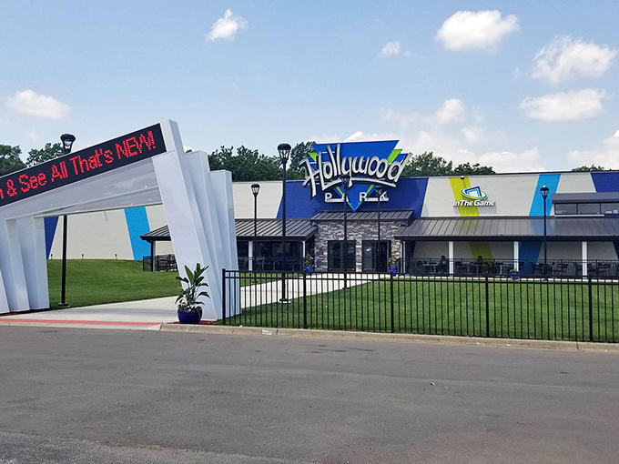 The vibrant facade of In The Game Hollywood Park beckons thrill-seekers with its colorful promise of indoor-outdoor adventures for all ages.