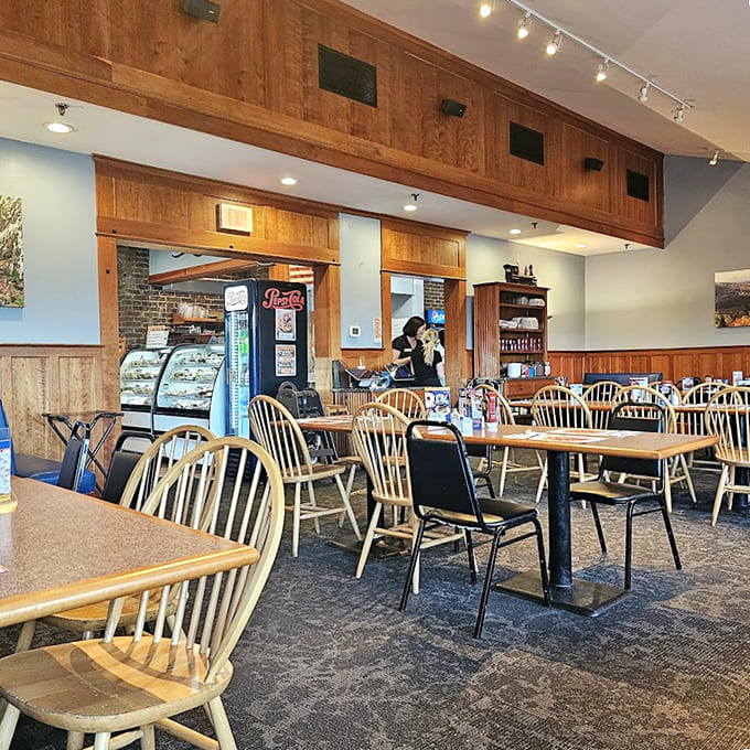 Wood paneling and comfortable seating create the perfect backdrop for serious chowder consumption and even more serious pie decisions.
