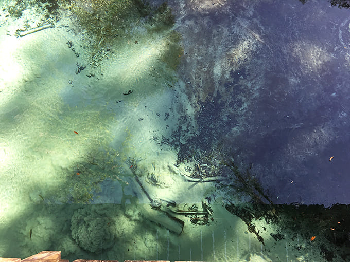 A bird's-eye perspective reveals the spring's true magic – white sandy bottoms contrasting with deep blue channels, like nature's own abstract painting.