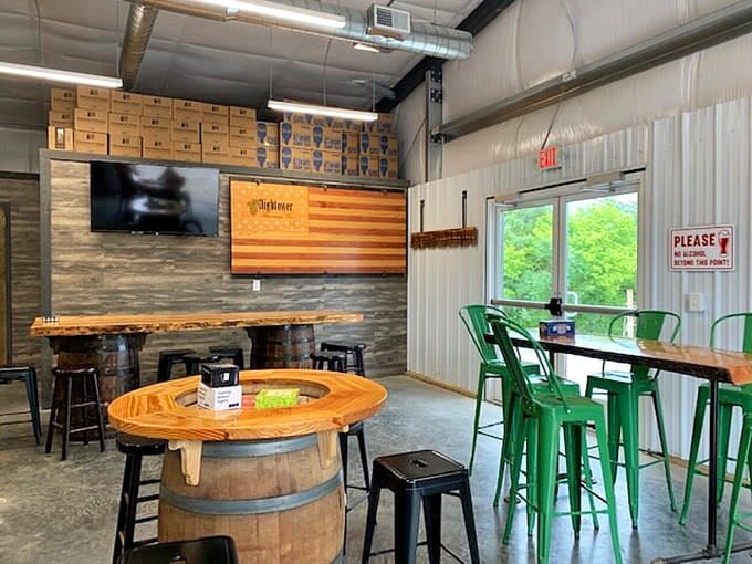 Hightower Brewing Company serves as Rayland's modern town square, where wooden barrel tables and patriotic decor create the perfect backdrop for community gatherings.