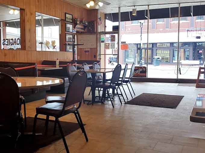 Wood paneling and vintage memorabilia create that perfect diner atmosphere where calories don't count and everyone's your neighbor for an hour.