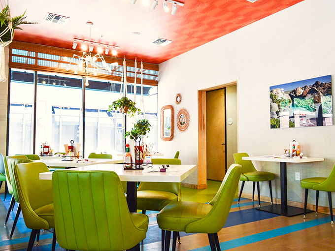 Step into a lime green dream! This interior is so fresh, you might mistake your coffee for a kale smoothie.