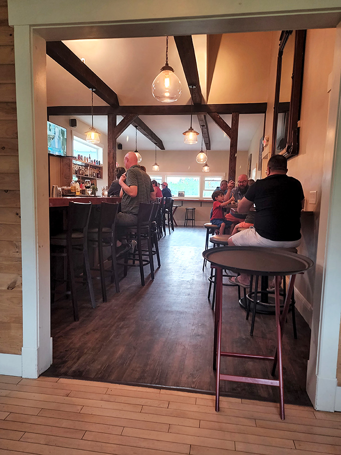 Exposed beams and pendant lighting create the perfect ambiance &ndash; somewhere between "special occasion" and "Tuesday night treat."